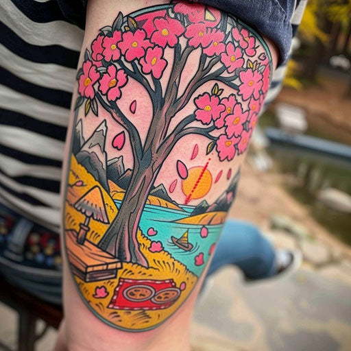 Vibrant and colorful flat tattoo sketch of a riverside scene with a ...