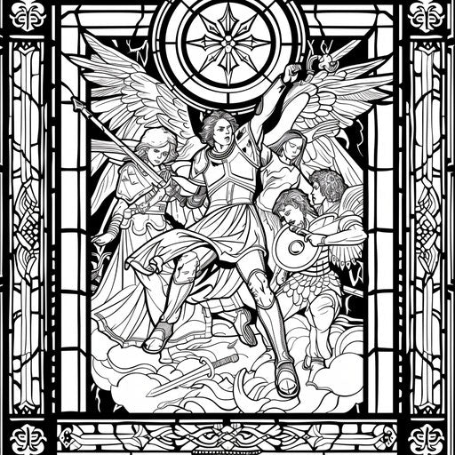 Epic stained glass with heroic figures and dramatic poses – IMAGELLA