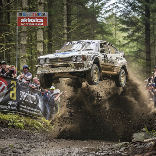 Classic rally car in mud, airborne over hill in forest race, spectators ...