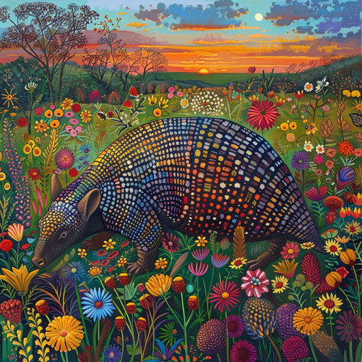An armadillo foraging in a vibrant wildflower meadow at sunrise – IMAGELLA