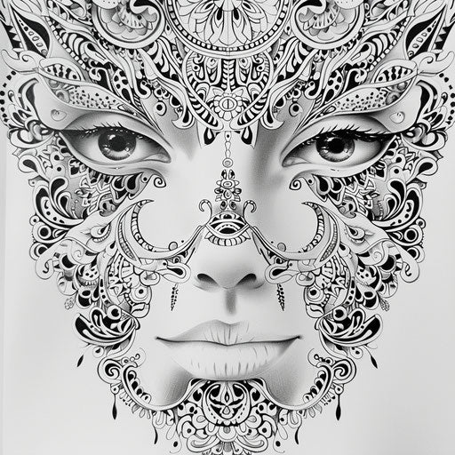 Intricately patterned face, inspired by Johanna Basford, coloring page ...