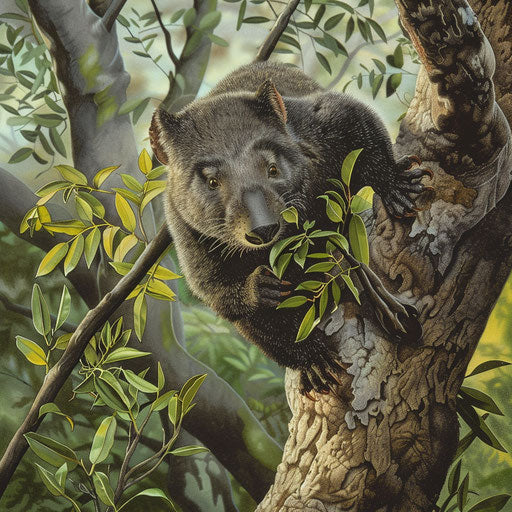 Wombat climbing a tree with vibrant green leaves – IMAGELLA