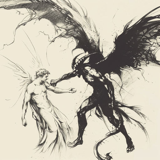 Dynamic flat tattoo sketch of an angel pulling a devil from the shadows ...