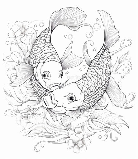 Two koi fish drawn on white background, engraved ornaments – IMAGELLA