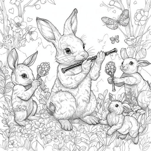 A charming Easter bunny playing a flute, surrounded by dancing woodland ...