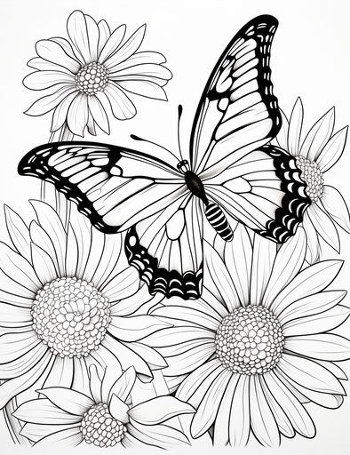Butterfly and daisy coloring page 5, symbolic elements, monochromatic ...