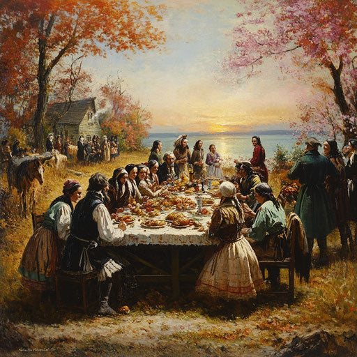 Warm scene of the first Thanksgiving with Pilgrims and Native Americans ...