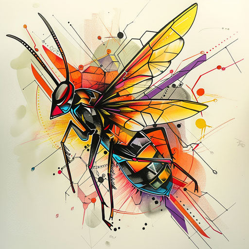 Abstract tattoo sketch of a wasp with geometric patterns and bright ...