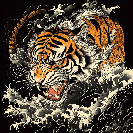 Japanese tiger tattoo with traditional patterns and waves – IMAGELLA