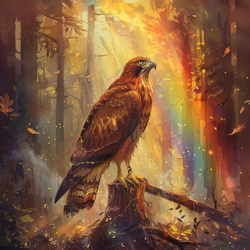 Red hawk bird under a rainbow in the forest – IMAGELLA