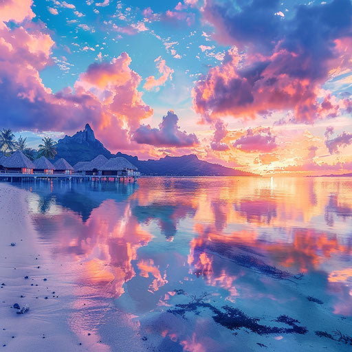 Bora Bora beach at sunset with vibrant colors reflecting on the ocean ...
