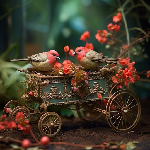 flying birds miniature carriage, flower style, manipulated photo, red ...