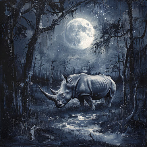 A ghostly rhino in a haunted savannah, under the full moon – IMAGELLA