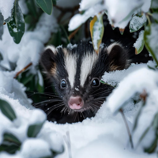 An eastern spotted skunk peeking out from under a bush covered in snow ...