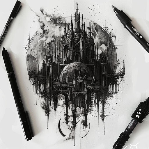 Gothic Earth Tattoo Sketch with Dark Architectural Details – IMAGELLA