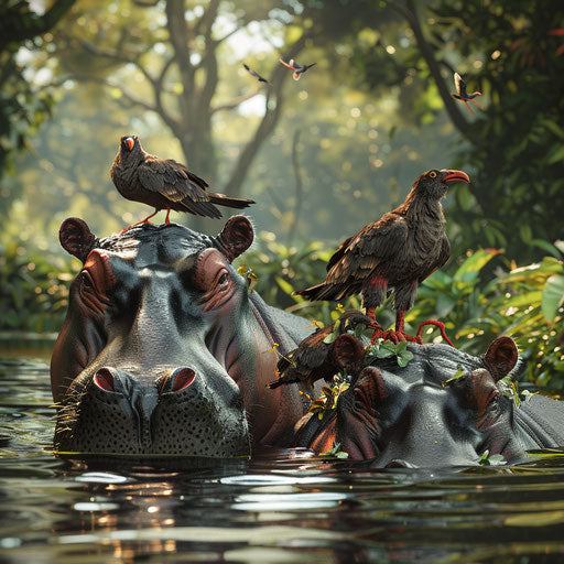 Group of hippos with birds perched on their backs – IMAGELLA