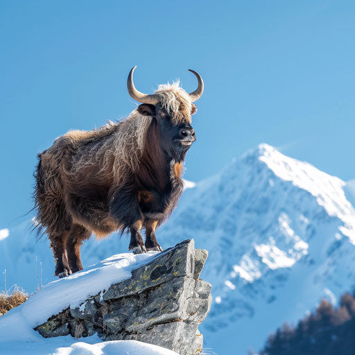 Yak standing on snowy peak under clear blue sky – IMAGELLA