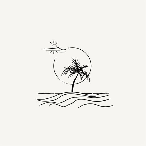 Minimalist line art of a beach with a simple horizon, sun, waves, and a ...