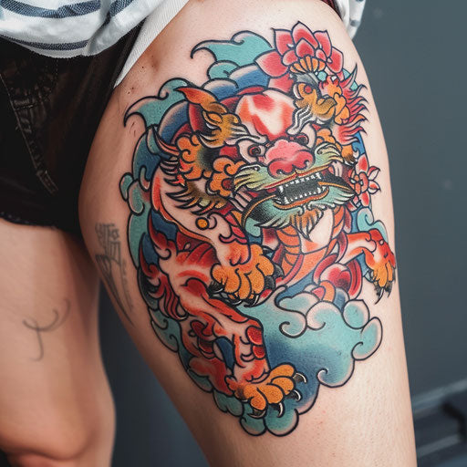 Colorful neo-traditional foo dog tattoo on white – IMAGELLA