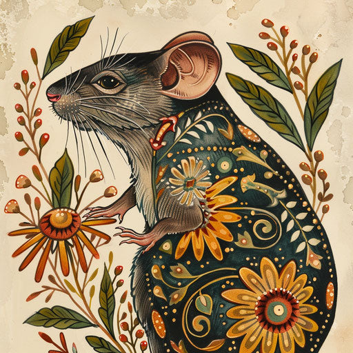 Rustic tattoo sketch of a rat with traditional folk art patterns, in ...