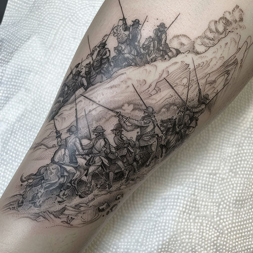 Complex battlefield scene with soldiers in black ink on white – IMAGELLA