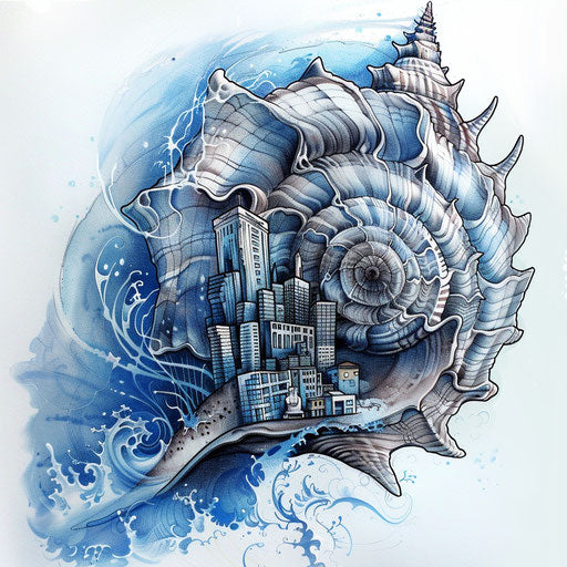 Giant shell with city emerging, surreal tattoo sketch – IMAGELLA