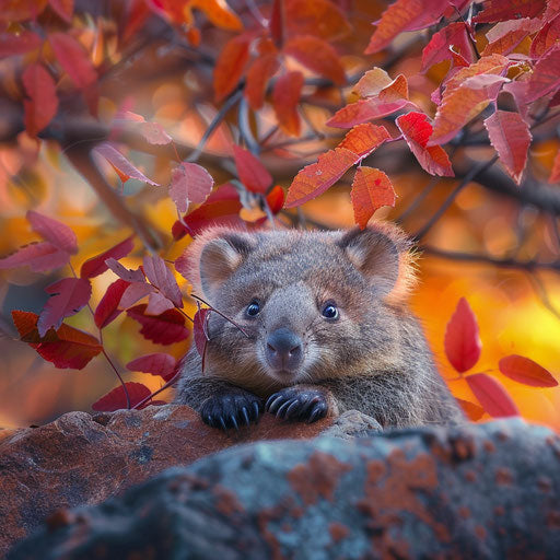 Wombat peeking from behind rock with autumn foliage – IMAGELLA