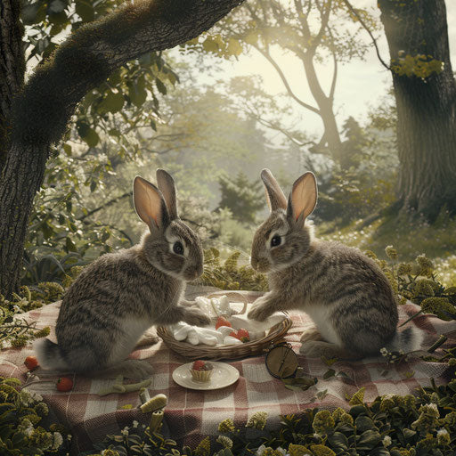 Bunnies enjoying a picnic in a sunlit glade – IMAGELLA