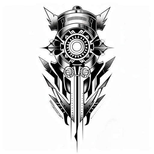 Stylized flat tattoo sketch of a piston with bold tribal markings and ...