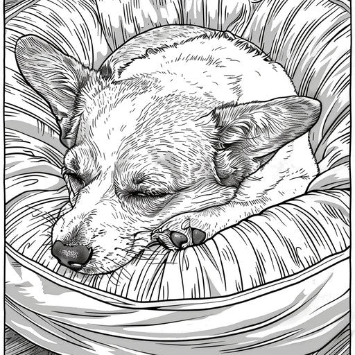 A corgi napping in a comfy dog bed. Coloring page. – IMAGELLA