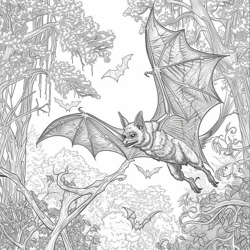 Detailed bat with a vampire cape flying through a dark forest. Coloring ...