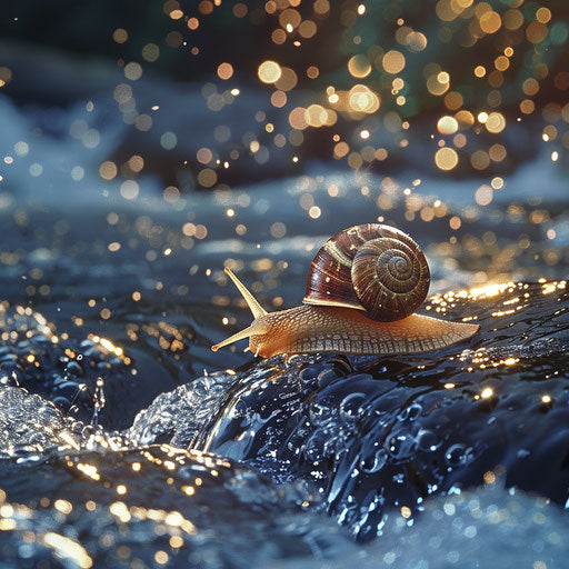 Snail on the edge of a sparkling stream in the style of Tim Flach ...