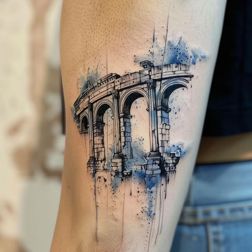 Tattoo illustration of a Roman aqueduct in watercolor blues and greys ...