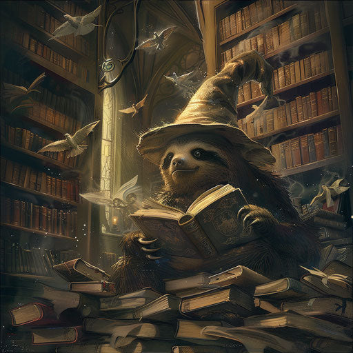 A sloth in a wizard's hat, casting spells in an enchanted library ...