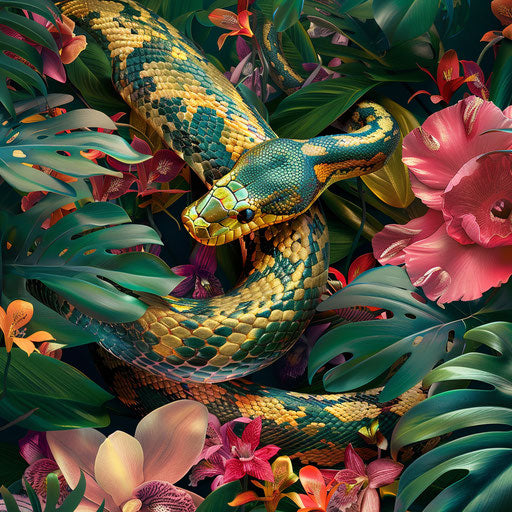 Python snake with vibrant jungle flowers – IMAGELLA