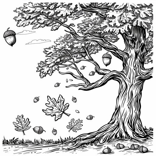 Acorns falling from oak tree. Coloring book page – IMAGELLA
