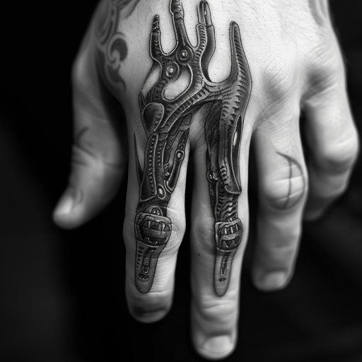Finger tattoo with biomechanical elements, Adrian Smith style – IMAGELLA