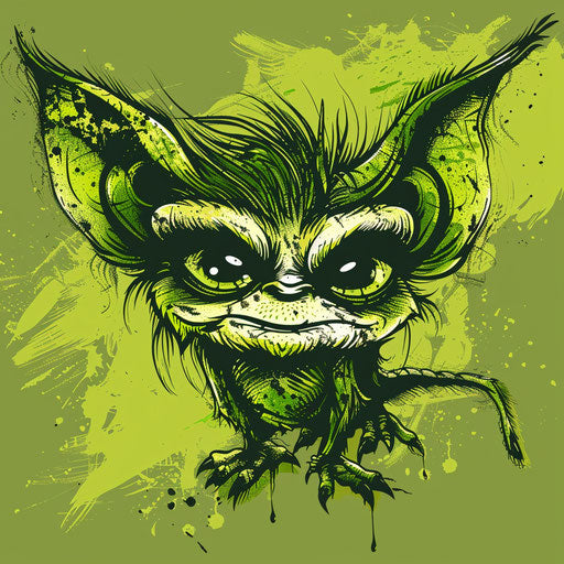 Whimsical flat tattoo sketch of a gremlin with mischievous eyes, bright ...