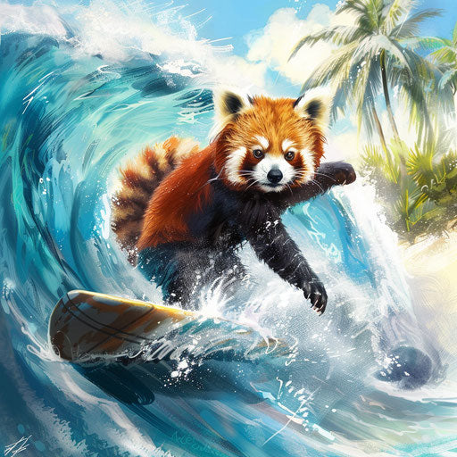 Red panda surfing on giant waves at tropical beach – IMAGELLA
