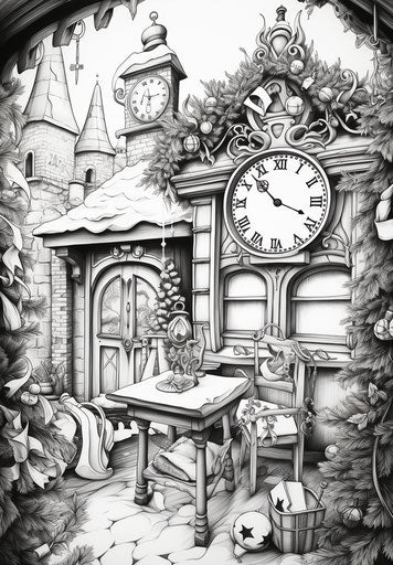Christmas coloring book, in the style of clockpunk, black and white ink ...
