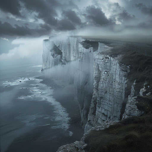 White Cliffs of Dover under a moody, overcast sky, in the style of Marc ...