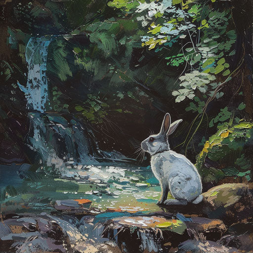 White tail rabbit listening by a brook in the shady forest – IMAGELLA