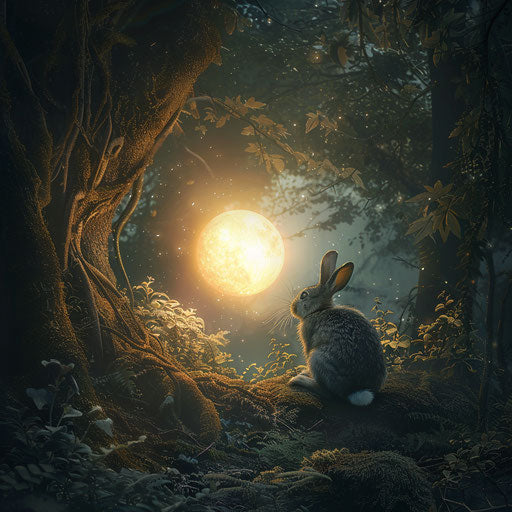 Rabbit gazing at glowing orb in forest at night – IMAGELLA