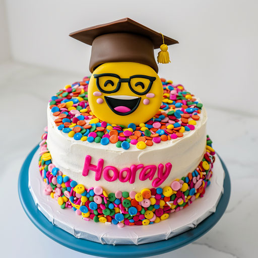 Emoji cake with smiling graduate emoticon and hooray – IMAGELLA