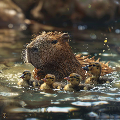Capybara swims with a family of ducks in the style of Vincent Munier ...