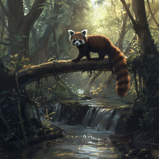 Red panda crossing a log bridge over a bubbling brook in the heart of ...