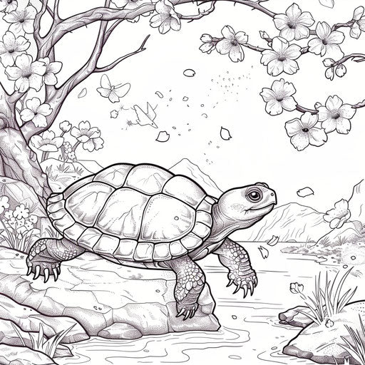 A cute turtle in a Japanese garden with cherry blossoms – IMAGELLA