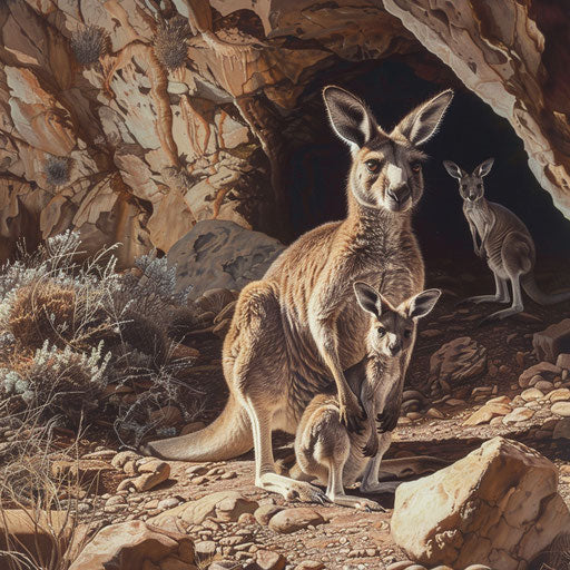 Western grey kangaroo and joey exploring cavernous landscape – IMAGELLA