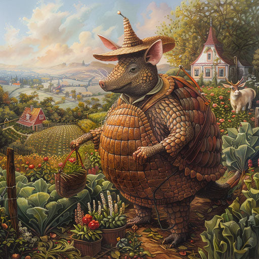 Armadillo farmer tending to crops and animals on a magical farm – IMAGELLA