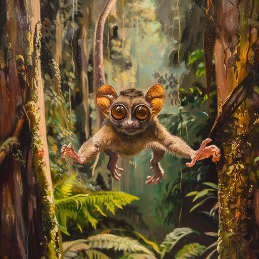 Tarsier leaping between two trees in a vibrant green jungle – IMAGELLA
